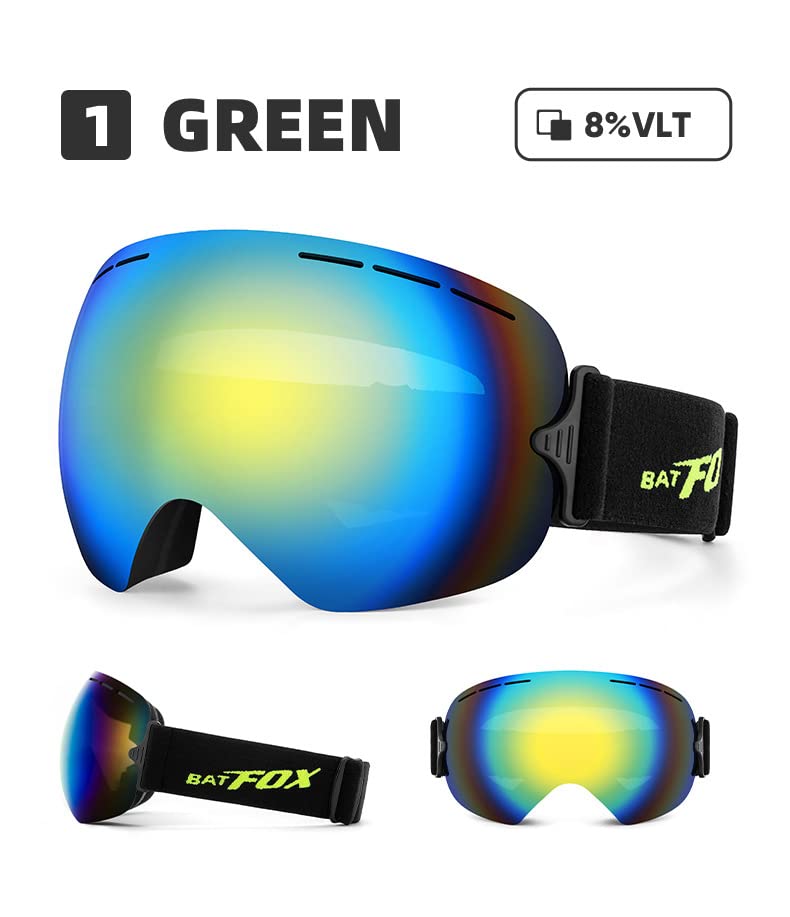 AHAKAC Ski Snowboard Goggles w/Luminous Refractive & VMD System UV Protection Anti Fog Snow Goggles Snowmobile Skiing Skating (Green)