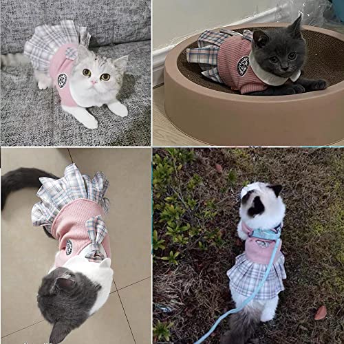 Anelekor Cute Cat Sweater Dresses with Necktie Decor Pet School Uniform Costume Puppy Spring Autumn Outfit Soft Knitted Skirt Shirts for Cat Rabbit Small Medium Dogs (X-Small, Pink)
