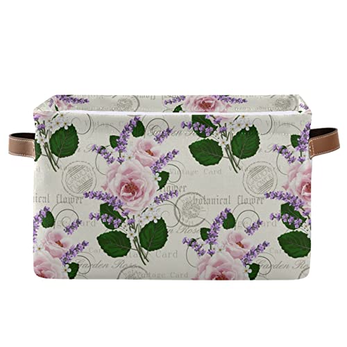 ALAZA Pink Rose Lavender Storage Basket for Shelves for Organizing Closet Shelf Nursery Toy, Fabric Collapsible Storage Organizer Bins Decorative Baskets with Handles Cubes 2 Pack