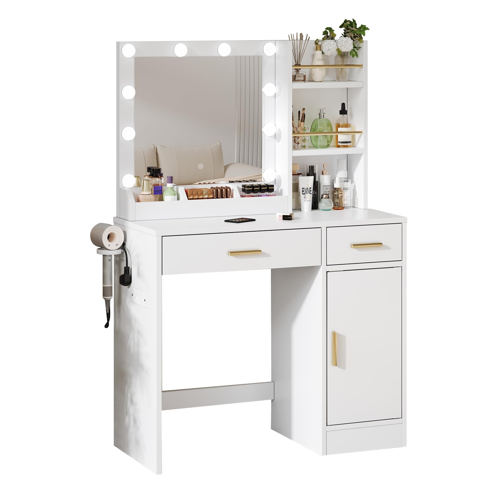 AMERLIFE 35.5" Make up Vanity Desk with Mirror and Lights, Vanity with Lights 3 Models Settings & Power Outlet, Vanity Desk with 2 Drawers, 1 Cabinets, Shelves, Makeup Vanity for Bedroom, White