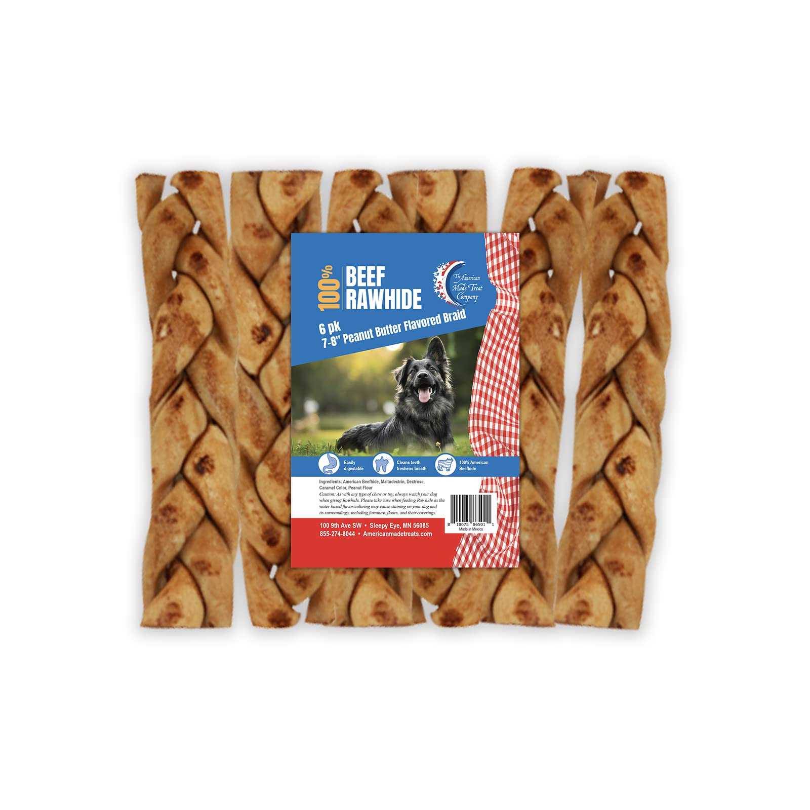 American Made Treat Co - Dog Treats, Beefhide Braids - Peanut Butter Flavor Rawhide Chews for Dental Health & Protein - 7-8" - 6 Pack