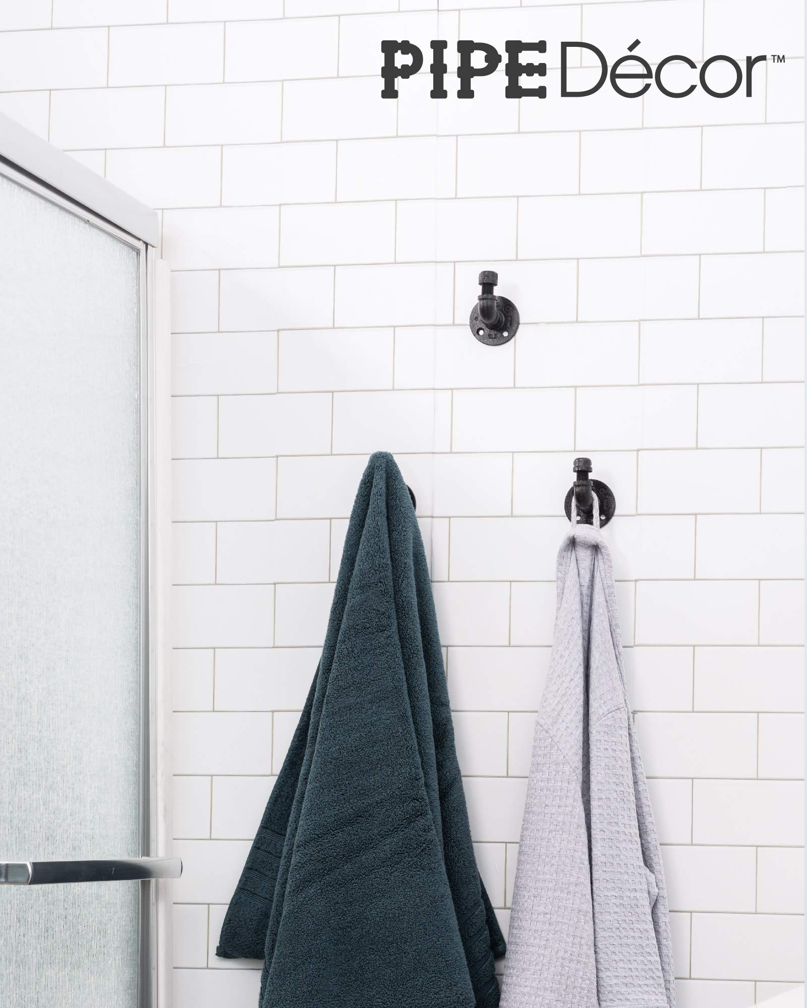 Towel and Robe Hook Set by Pipe Decor, Heavy Duty DIY Style, Rustic and Chic Industrial Iron Pipe Electroplated Black Finish, 3 Hooks Perfect for Bathroom Towels, Robes, or Coats, Oil and Rust Free