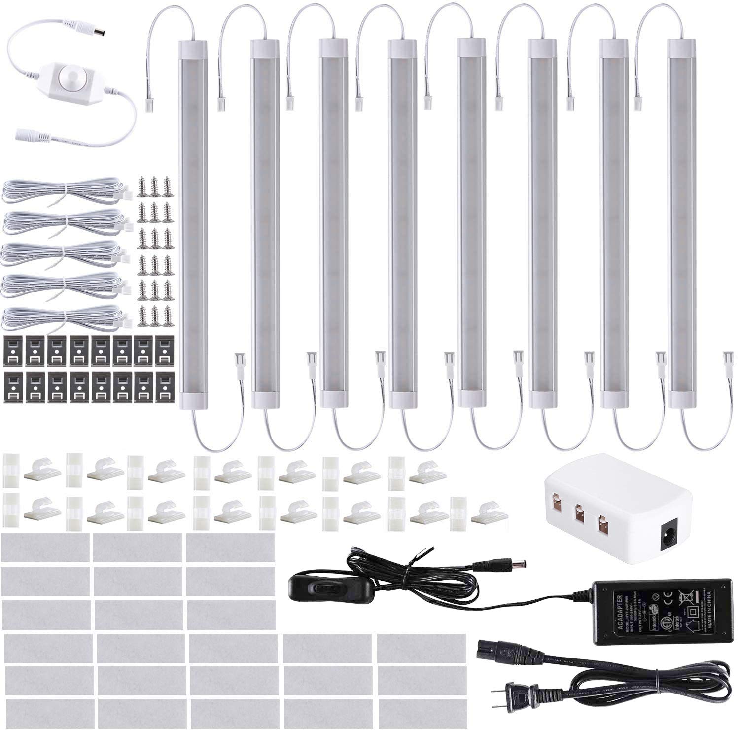8pcs LED Under Cabinet Lights, Dimmable Kitchen Cabinet Strip Lighting Fixture, Hardwired Under Counter Lighting for Cupboard, Showcase, Shelf, 12in 24V DC(Warm White)