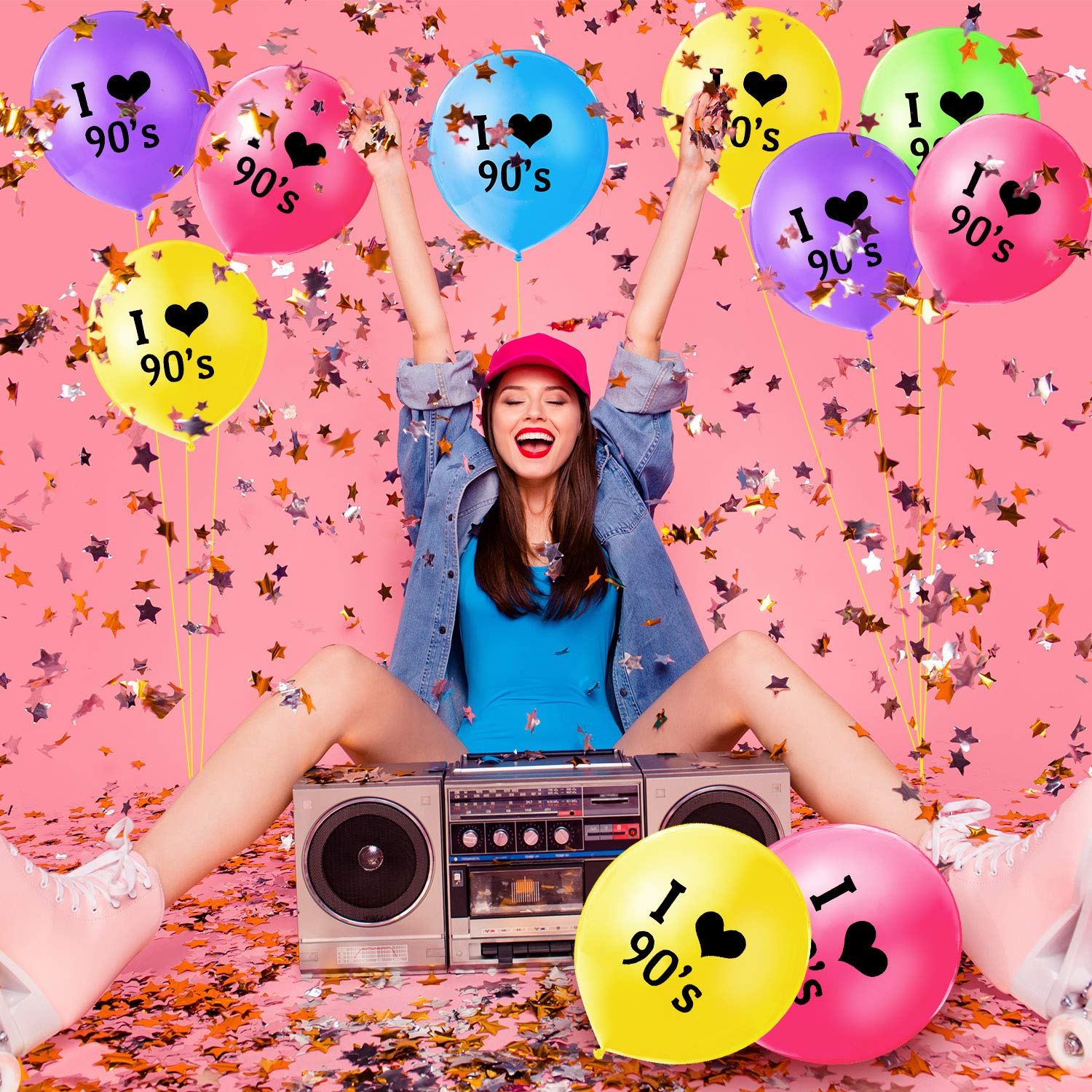 90s Themed Party Set, Include 60 Pieces I Love 90s Latex Balloons and 2 Rolls Balloon Ribbons for 90s Themed Birthday Party Throwback Party Decorations