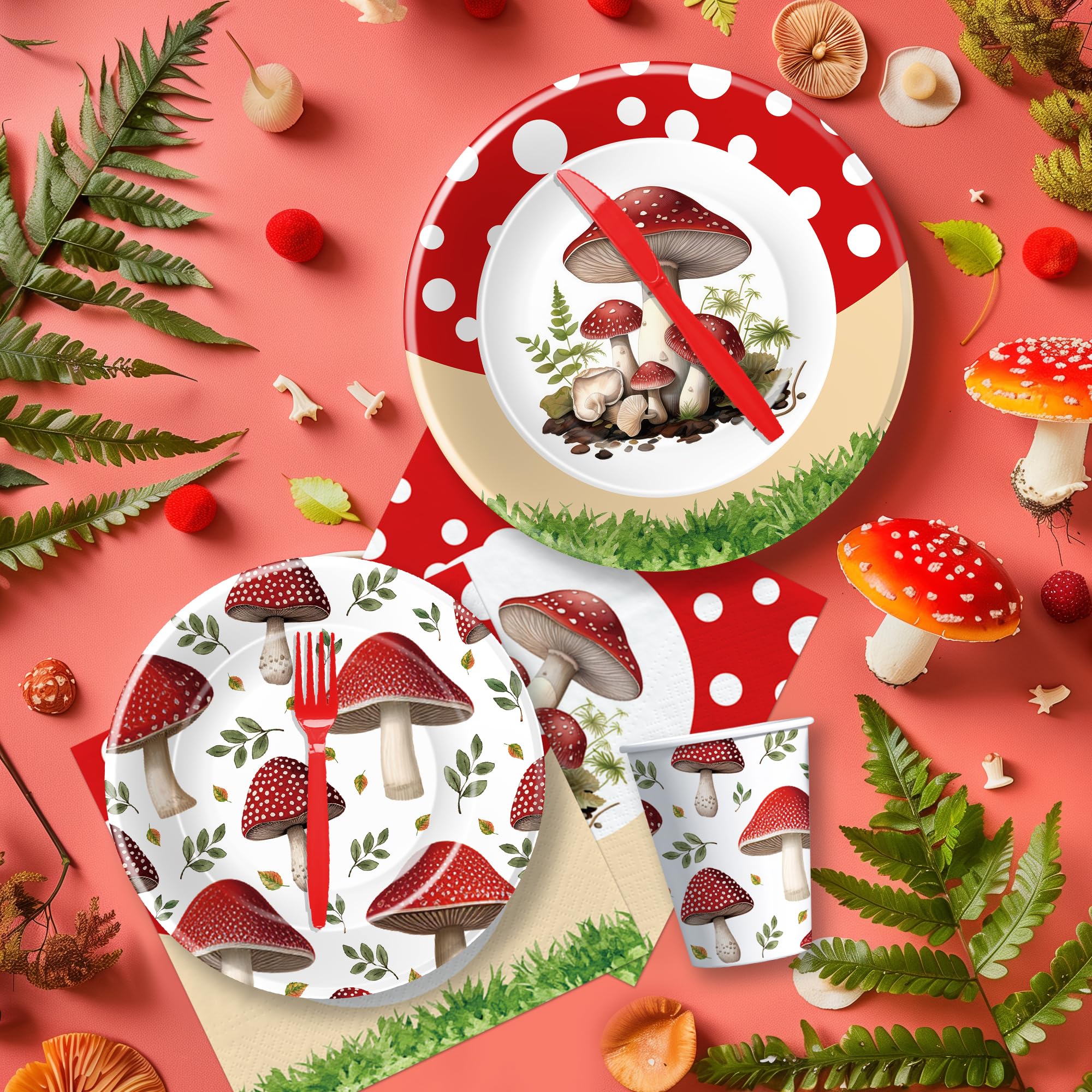 APOWBLS Mushroom Party Decorations Tableware, Mushroom Birthday Party Supplies, Paper Plate, Cup, Napkin, Disposable Cutlery, Tablecloth, Straws, Mushroom Baby Shower Decorations Dinnerware | Serve 24