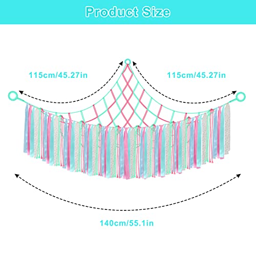 DVUBMO Stuffed Animal Net or Hammock with LED Light, Hanging Corner Net for Stuffed Animals Storage, Stuffed Animal Hammock Holder with Tassels for Nursery Play Room Kids Bedroom (Green+Pink)
