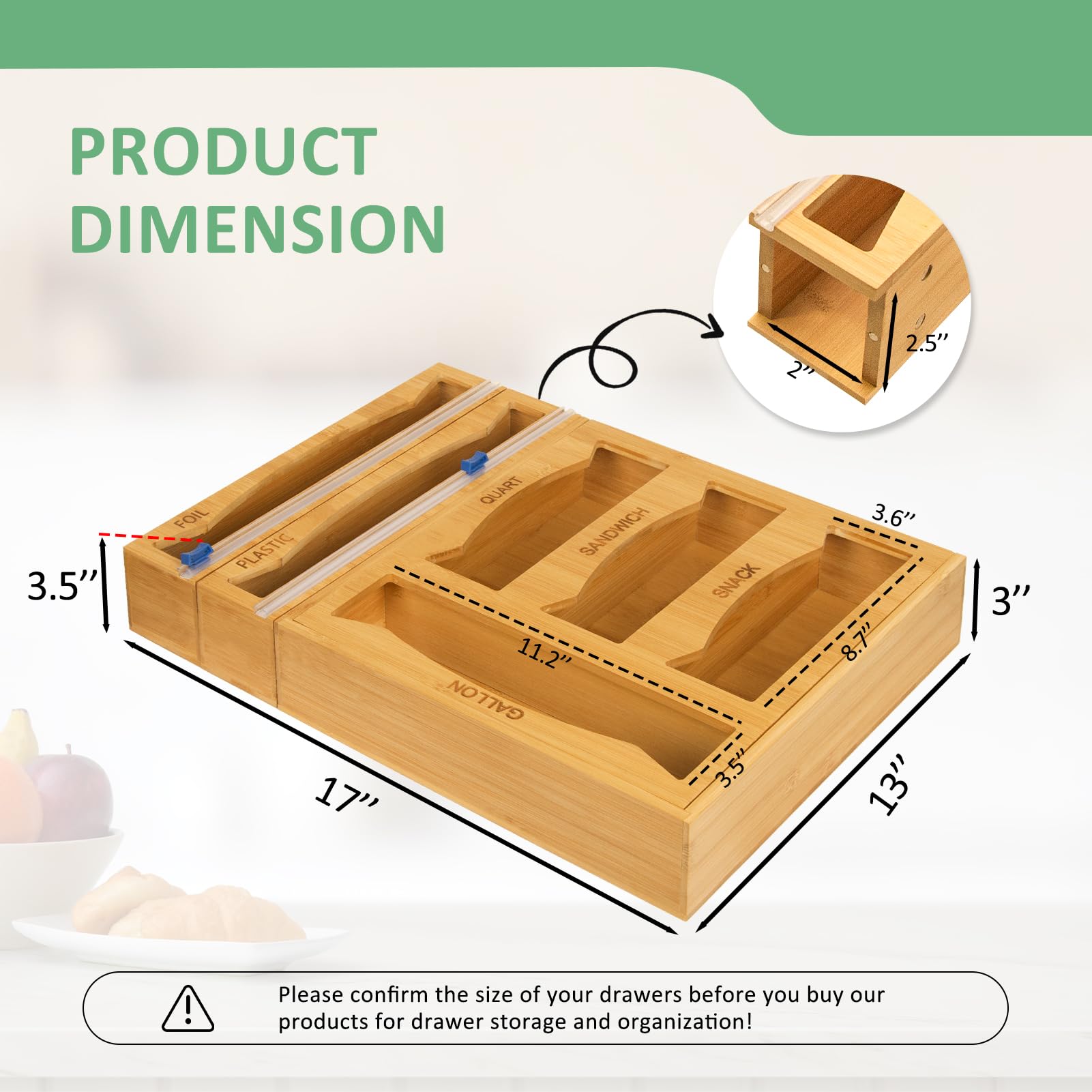 6 in 1 Plastic Bag Organizer with mag Foil and Saran Wrap Dispenser With Cutter For Kitchen Drawer- Bamboo Food Storage Organizer Perfect For Plastic Ziploc,Gallon,Quart Variety Size Bags & 12” Rolls