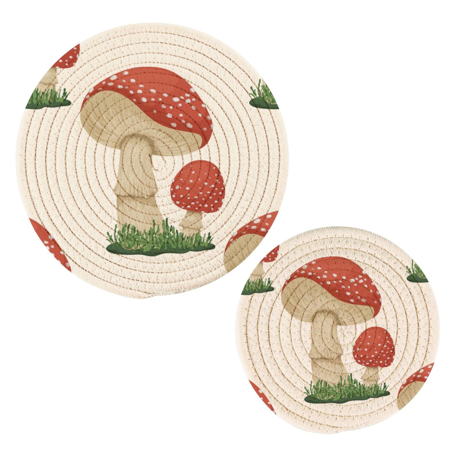 Kigai Vintage Multicolor Pattern in Turkish Style Round Cotton Trivets Pot Holders, Hot Pads Pure Cotton Stylish Coasters for Boho, Farmhouse, Kitchen Decor - 2pcs (Mushroom)