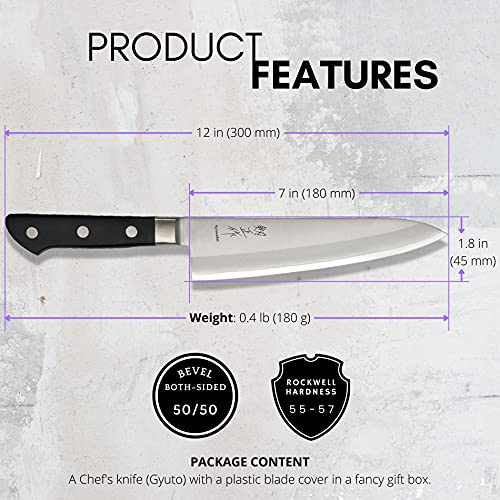Syosaku Japanese Chef Knife Molybdenum Vanadium Stainless Steel with Bolster, Gyuto 7-inch (180mm) Dishwasher Safe