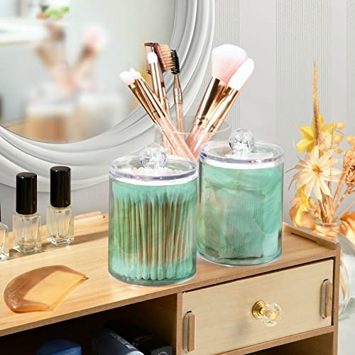 Blueangle 2PCS Green Marble Pattern Qtip Holder Dispenser with Lids - Apothecary Jar Containers for Vanity Organizer Storage - Plastic Food Storage Canisters(182)
