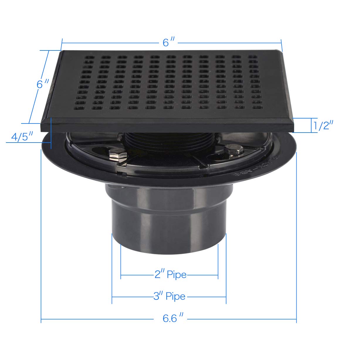 6 Inch Square Shower Floor Drain with ABS Shower Drain Base, 304 Stainless Steel Drain Cover, Matte Black