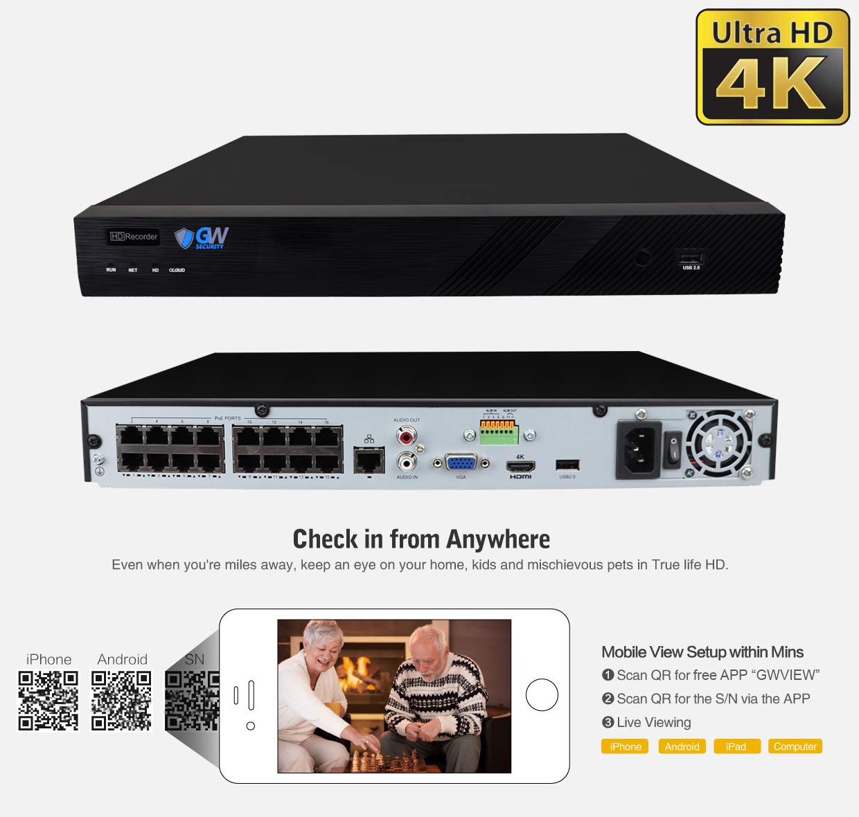 GW Security 16 Channel 4K NVR 5MP POE Audio & Video Smart AI Security Camera System - 16 x 5MP 1920P Weatherproof Bullet Cameras, Built in Microphone, Pre-Installed 4TB Hard Drive