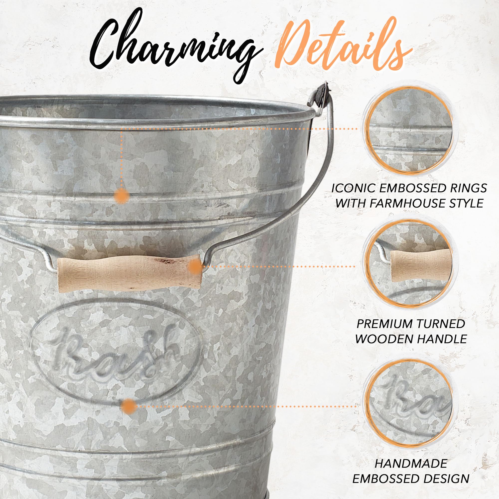 Autumn Alley Farmhouse 2 Pack Bathroom Trash Can - Rustic Galvanized Trash Can Bucket with Wooden Grip for Rustic Bathroom, Farmhouse Kitchen, Country Home Décor, 7 Liter, Galvanized Grey
