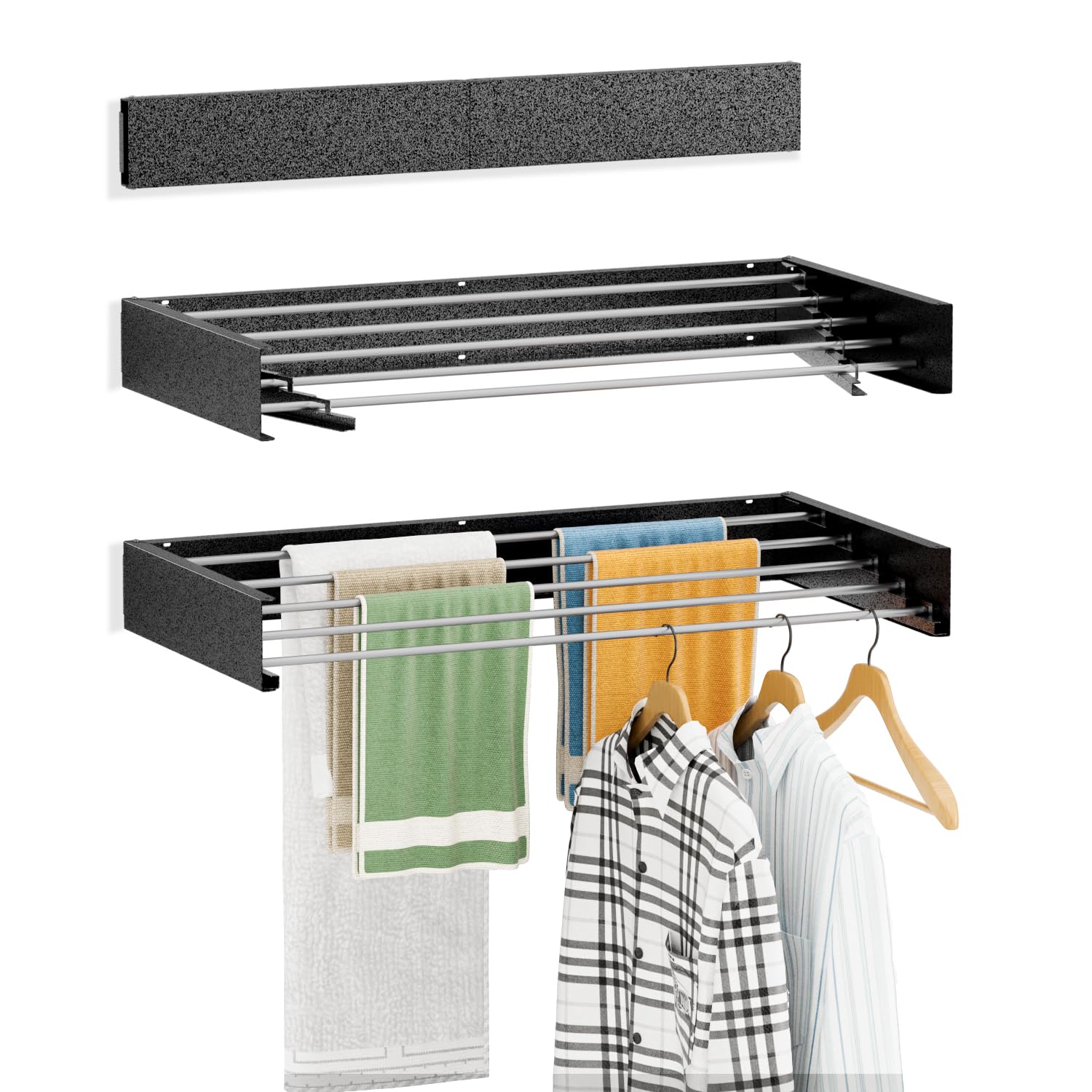 APPOLYN Wall Mounted Clothes Drying Rack, Collapsible Laundry Drying Rack w 5 Stainless Rods, 31.5" Wide Hanger Dryer Rack, Space Saving, Black