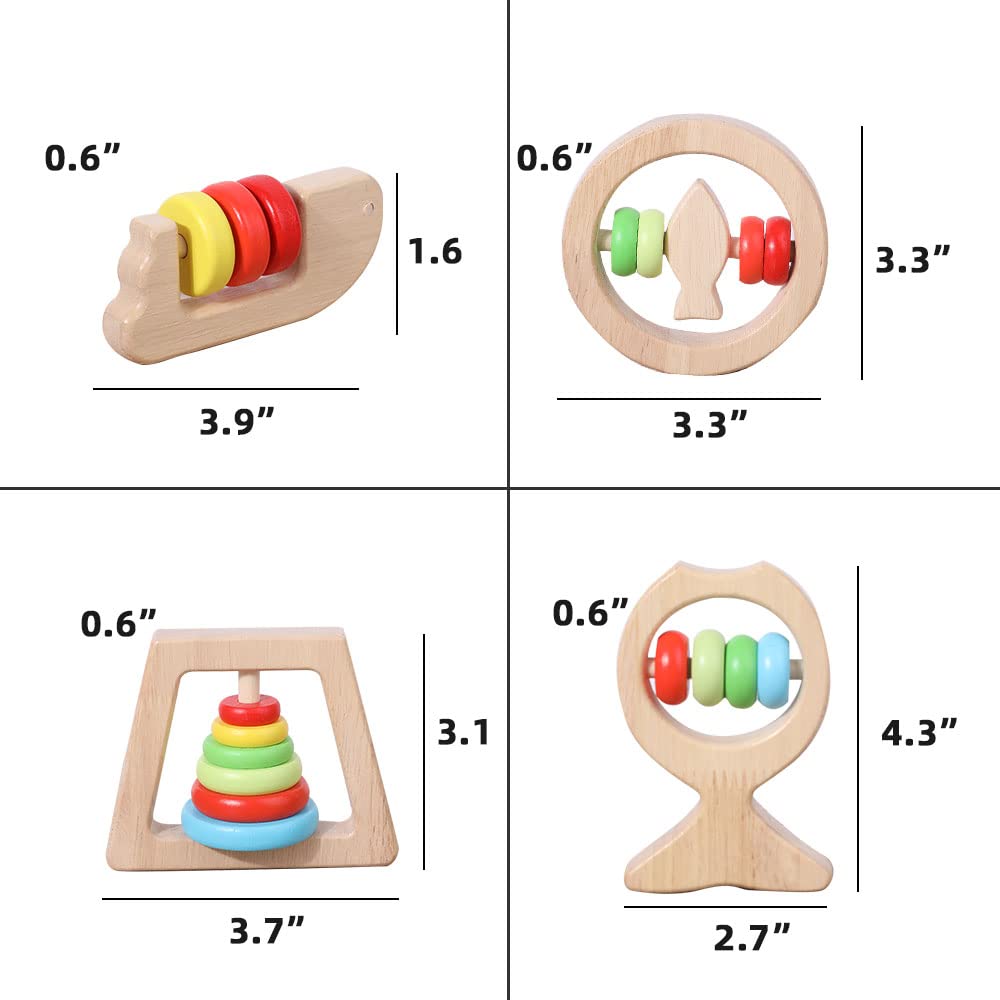 4Pcs Set Montessori Baby Wooden Rattle Toy Set Rainbow Color Shaker Bell Set