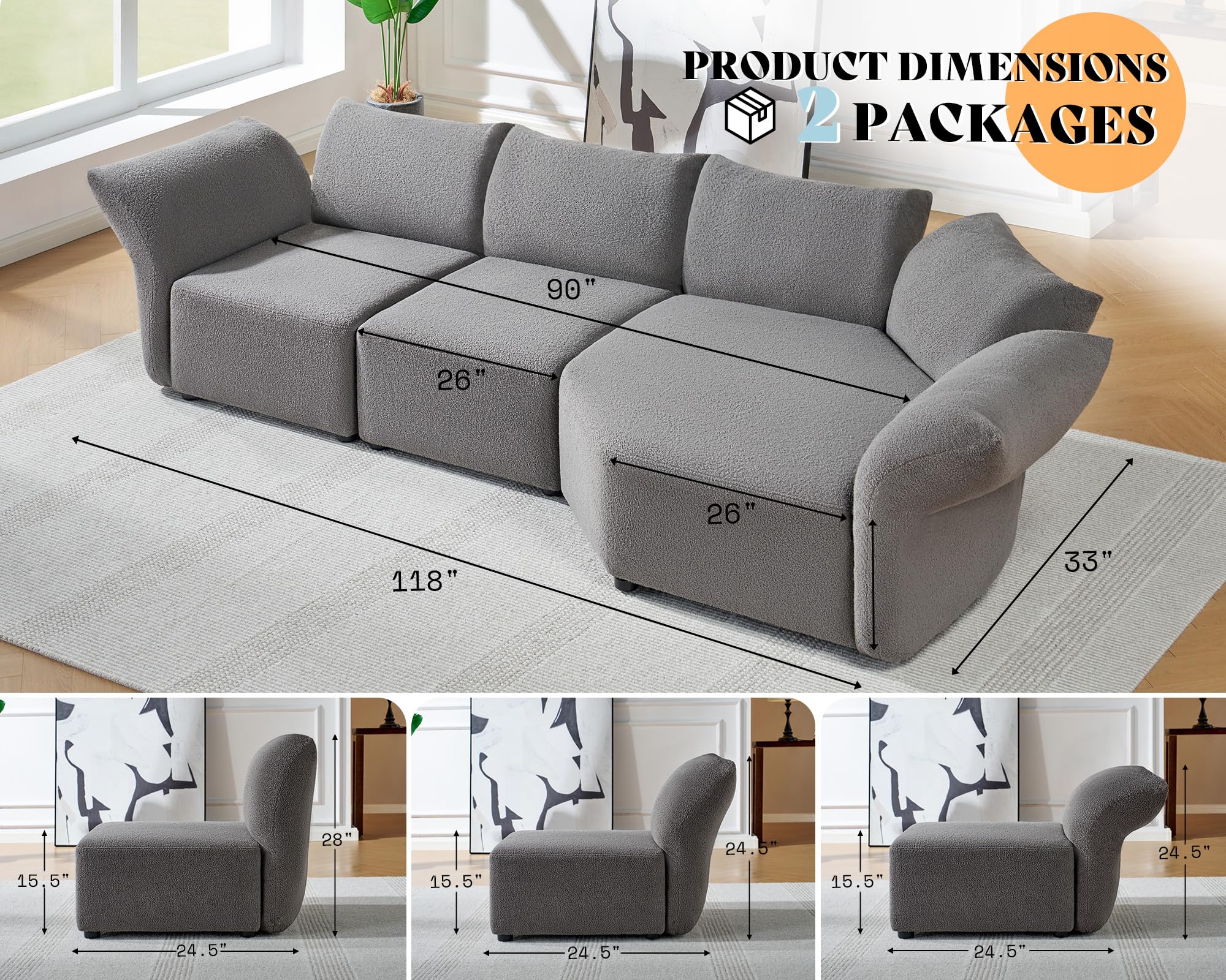AMERLIFE Sectional Sofa, 3 Seats Comfy Sofa with Adjustable Arm and Backrest, 118 Inch Oversized Sectional Couches for Living Room, Black Bouclé