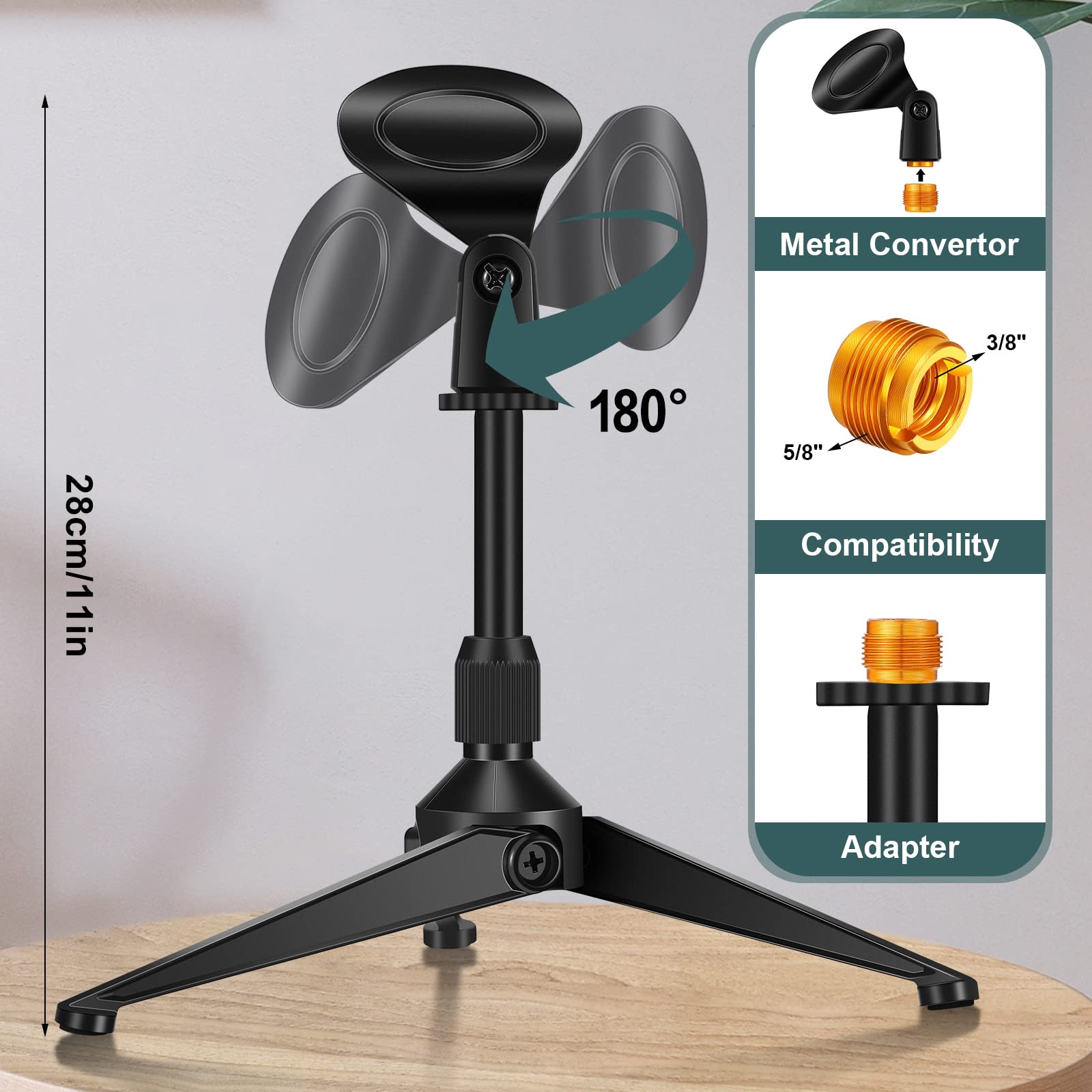 6 Pack Desktop Mic Stand Portable Foldable Tripod with Mic Clip Holder Adjustable Height Mini Table Microphone Stand with 5/8 Inch Male to 3/8 Inch Female Screw for Most Microphones