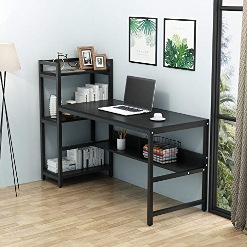 Tribesigns Computer Desk with 4-Tier Storage Shelves, 60 inch Modern Large Office Desk Computer Table Studying Writing Desk Workstation with Bookshelf and Tower Shelf for Home Office (Black)