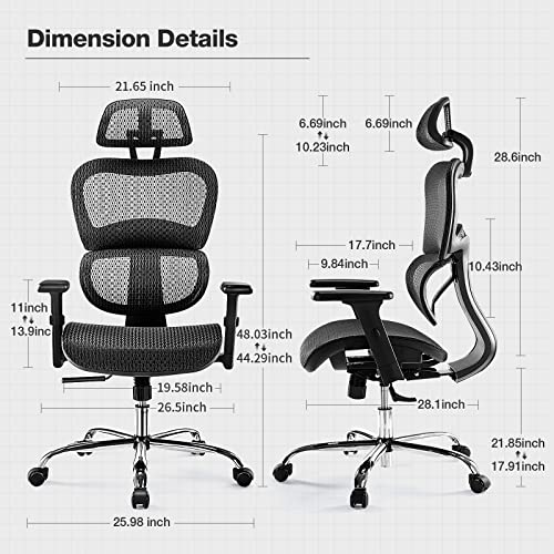 Ergonomic Office Chair, High Back Mesh Office Chair with 3D Armrests and Headrest, Adjustable Rolling Chair with Lumbar Support and Tilt Function, Breathable Mesh Chair for Gaming, Executive, Office