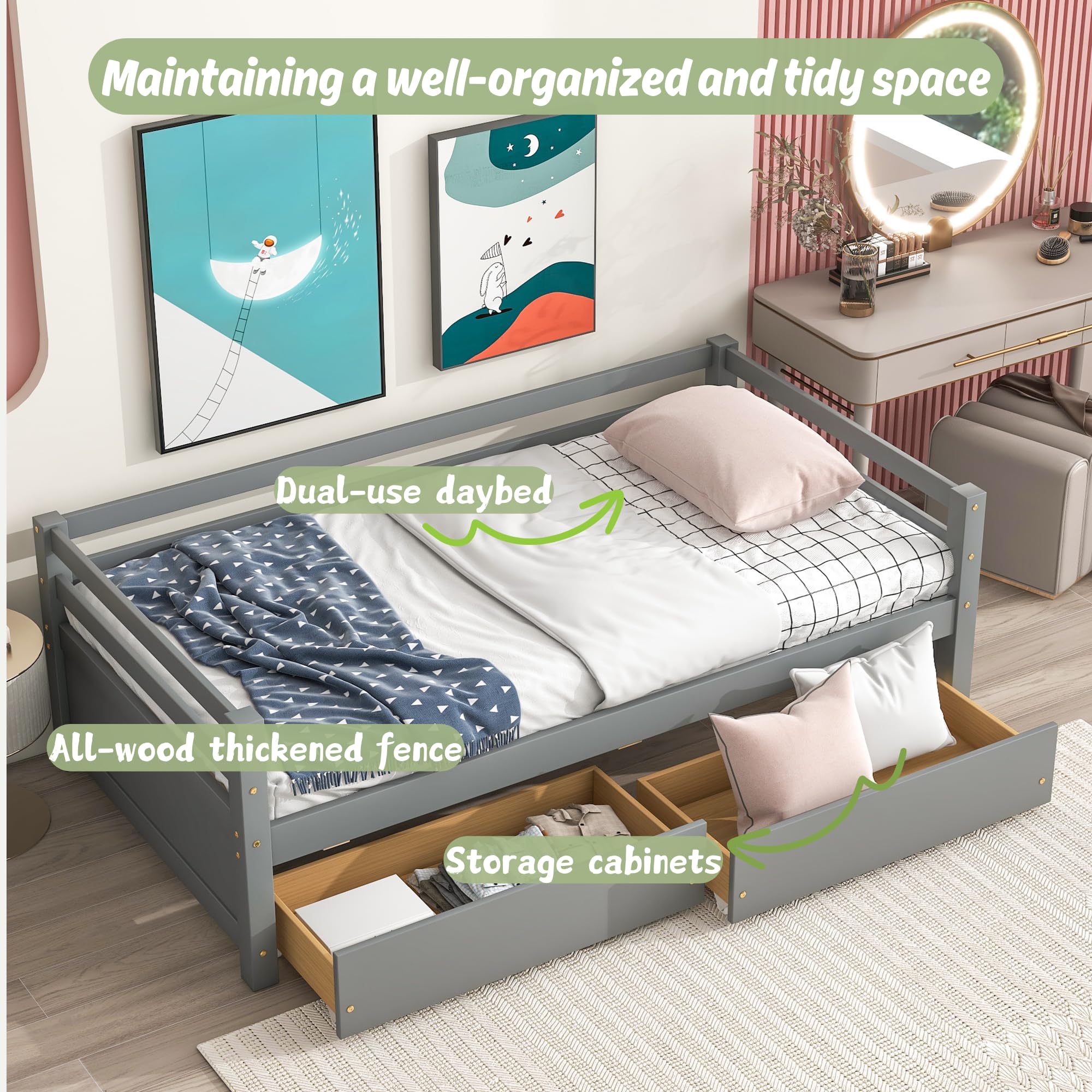 Harper & Bright Designs Twin Daybed with 2 Storage Drawers, Wooden Twin Size Daybed Frame, Dual-Use Daybed Sofa Kids Bed for Living Room,Guest Room,Children Room, No Box Spring Needed, Gray
