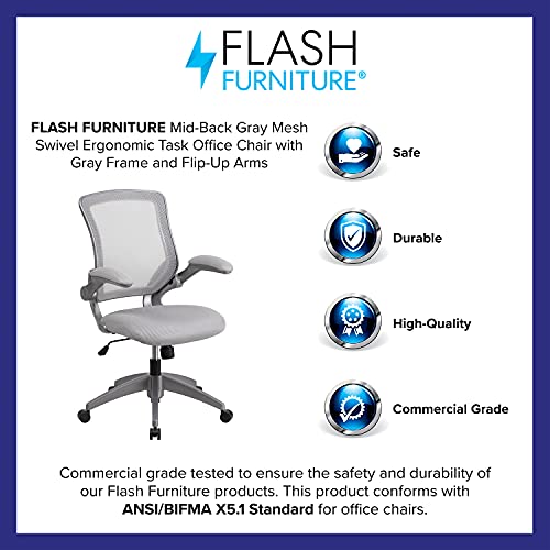 Flash Furniture Kale Mid-Back Gray Mesh Swivel Ergonomic Task Office Chair with Gray Frame and Flip-Up Arms
