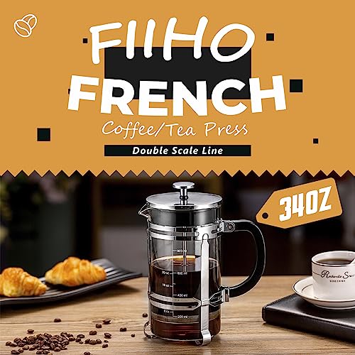 French Press Coffee and Tea Maker(34oz),304 Stainless Steel Coffee Press with 4 Filters Screen-100% No Residue -German Heat-Resistant Borosilicate Glass- BPA FREE -Dishwasherable,Copper