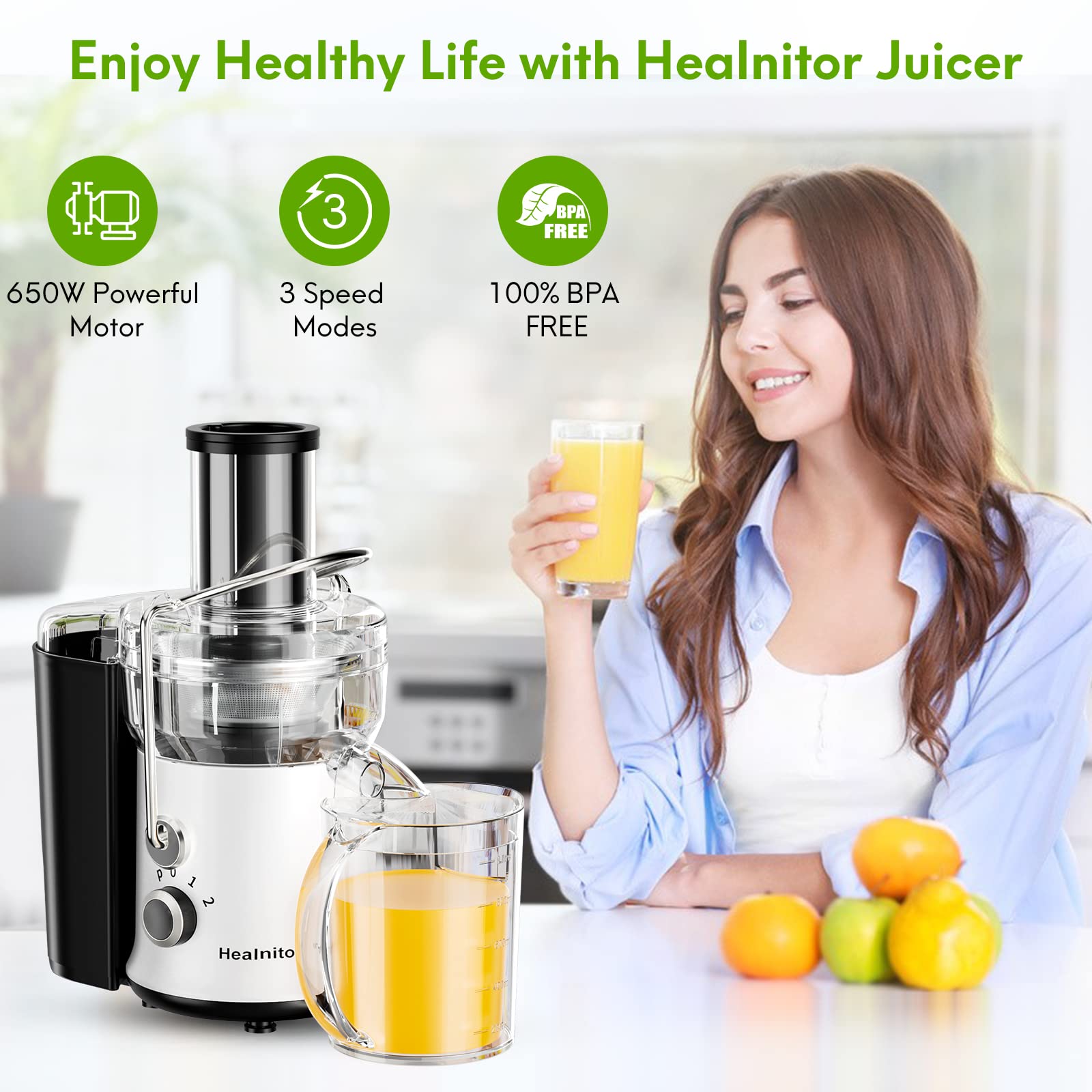650W 3 Speeds Juicer Machines Vegetable and Fruit, Healnitor Centrifugal Juice Extractor with Wide 3β Feed Chute, Easy to Clean, BPA-Free Compact Centrifugal Juice Maker, White