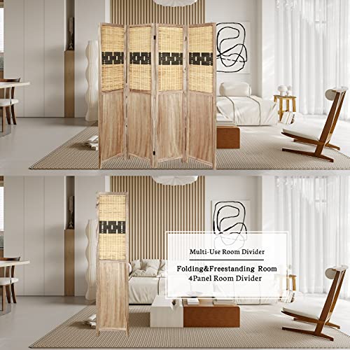 Babion 4 Panel Room Divider, Grass Willow Hand-Woven Screen, Room Dividers and Folding Privacy Screens, Modern Wall Dividers Room Bedroom Decoration, Dividers for Home Office -Brown and Black