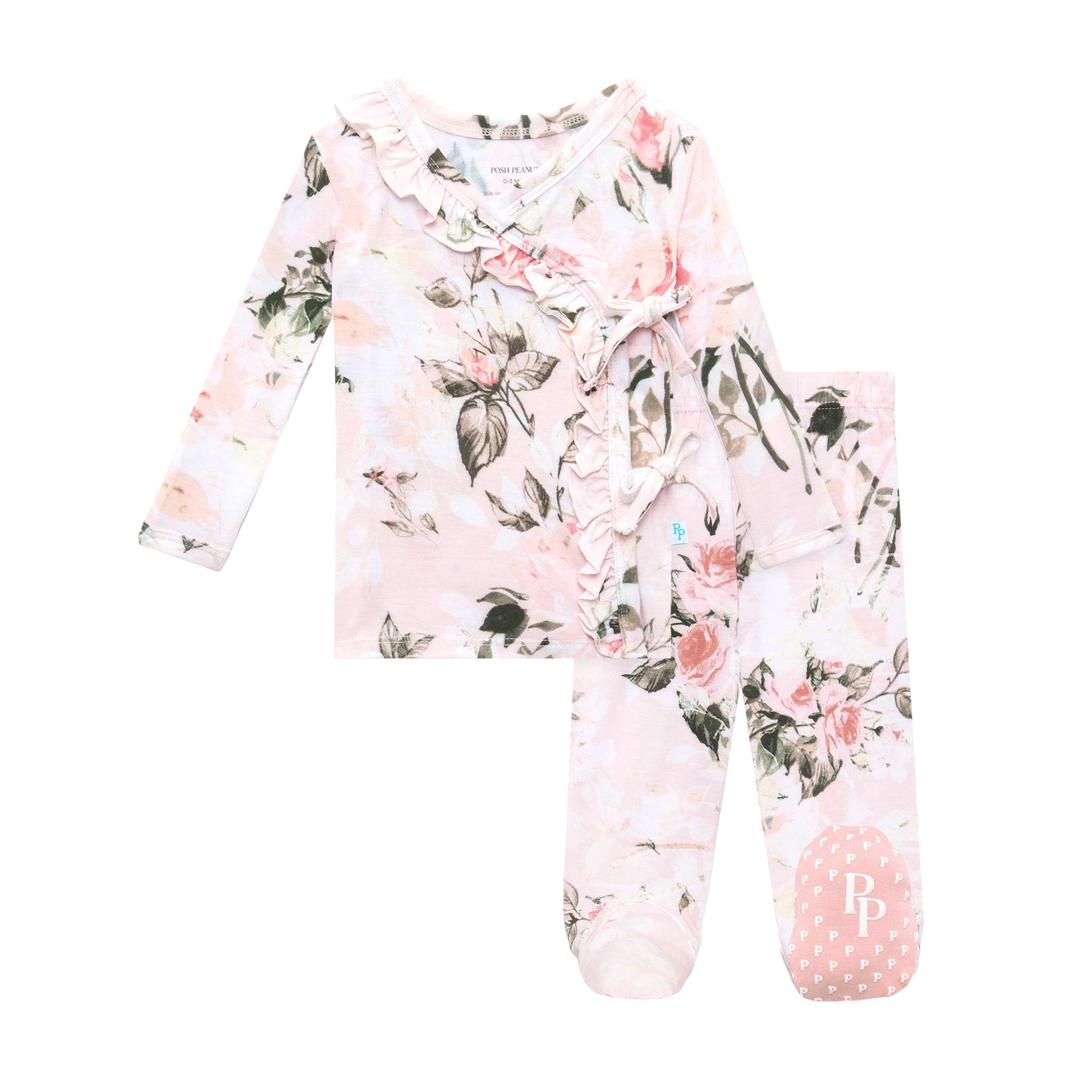 Posh Peanut 2-pc Baby Girl Pajama Set - Long Sleeve Kimono Bodysuit from Soft Viscose from Bamboo 0-3 Months - Vintage Pink Rose
