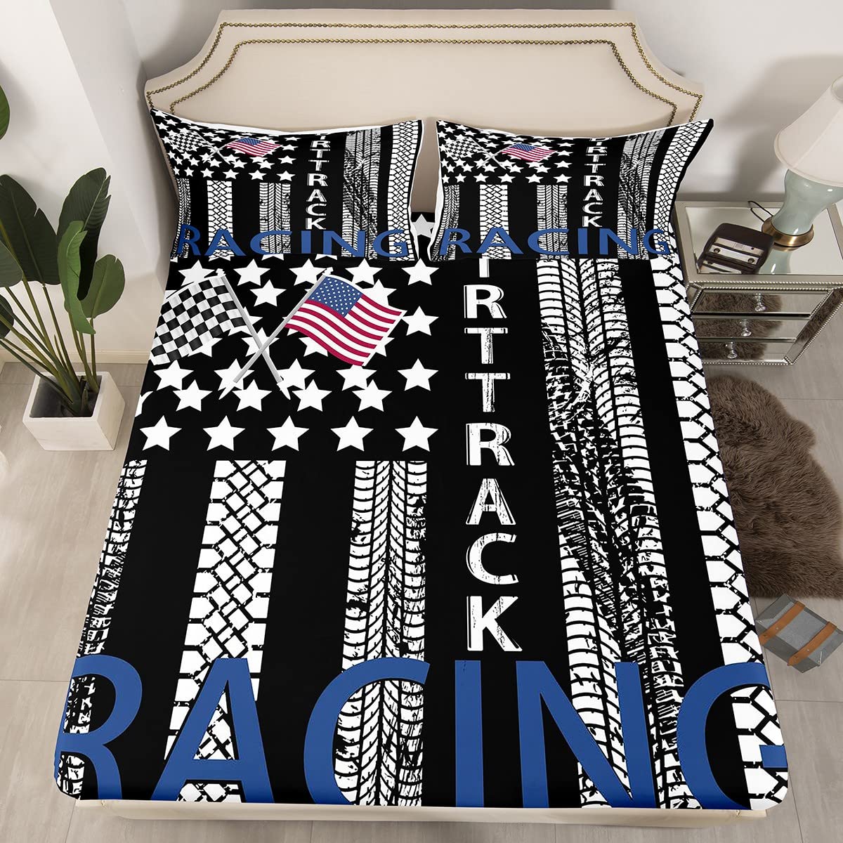 Erosebridal American Flag Sheet Set,Dirt Racing Track Bed Sheets Queen for Kids Boys Teens,Black White Grunge Star Stripe Bedding Set,Grunge Extreme Sports Fitted Sheet + Flat Sheet + 2 Pillowcases