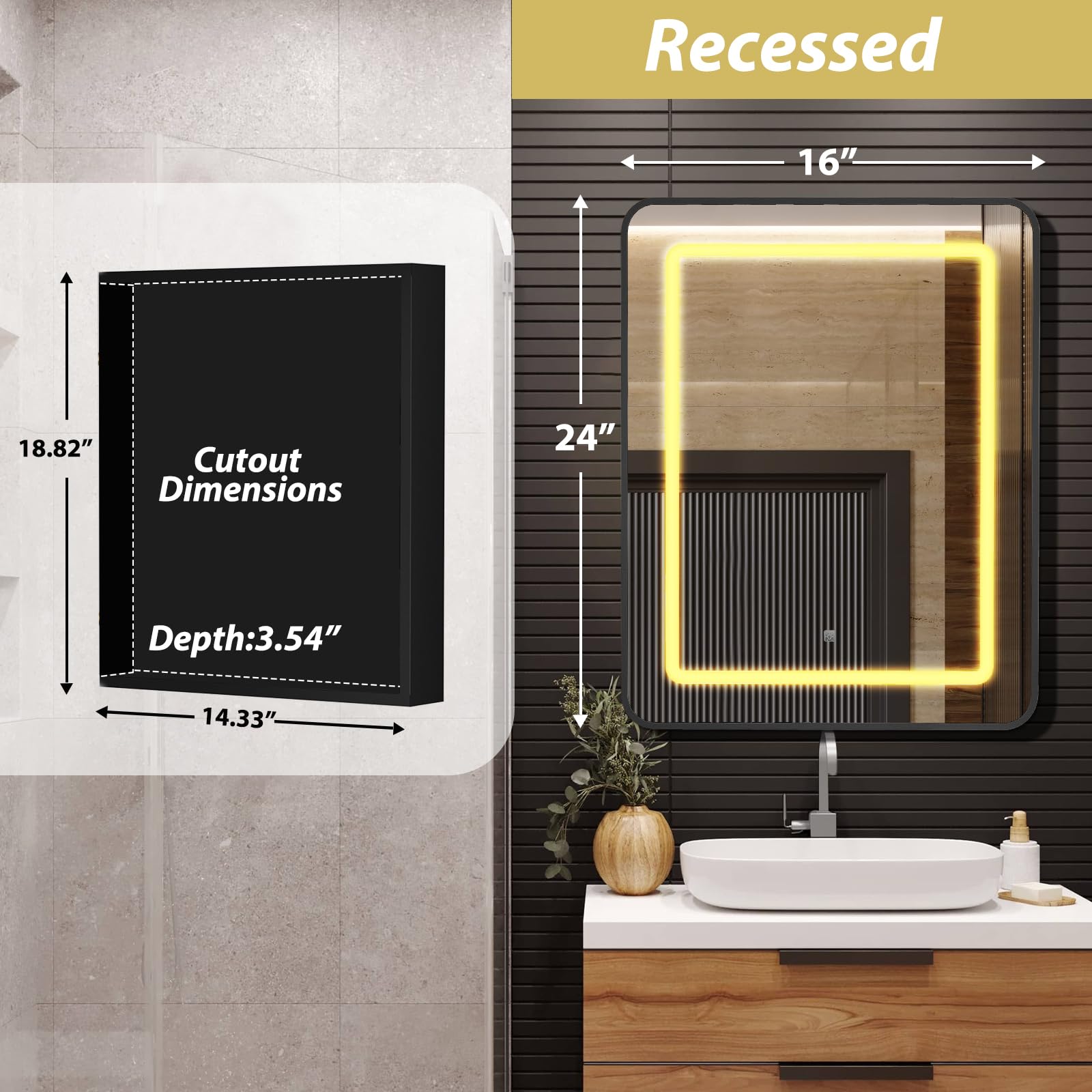 APRILSOUL 16X24 Inch Black Bathroom Medicine Cabinet with Mirror, Recessed or Surface Lighted Medicine Cabinet with 3 Colors Temperature, Dimmable Light