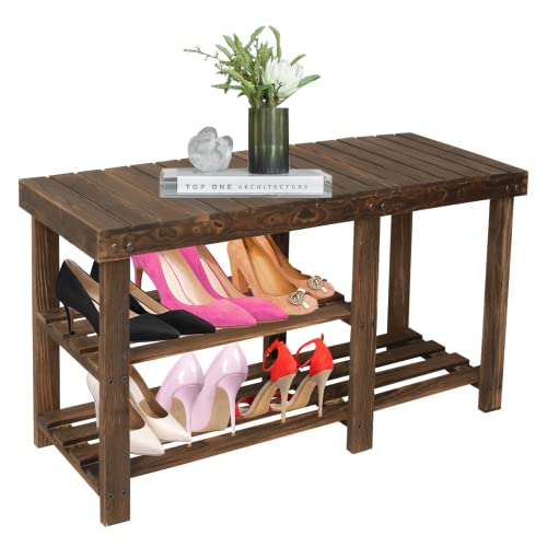 Babion Shoe Rack Bench, Shoe Storage with High Boots Storage, Dark Brown Shoes Organizer Shelf, Multi-Function Shoe Shelf, Sturdy Shoe Rack for Entryway, Bathroom, Industrial Style, Wooden Frame