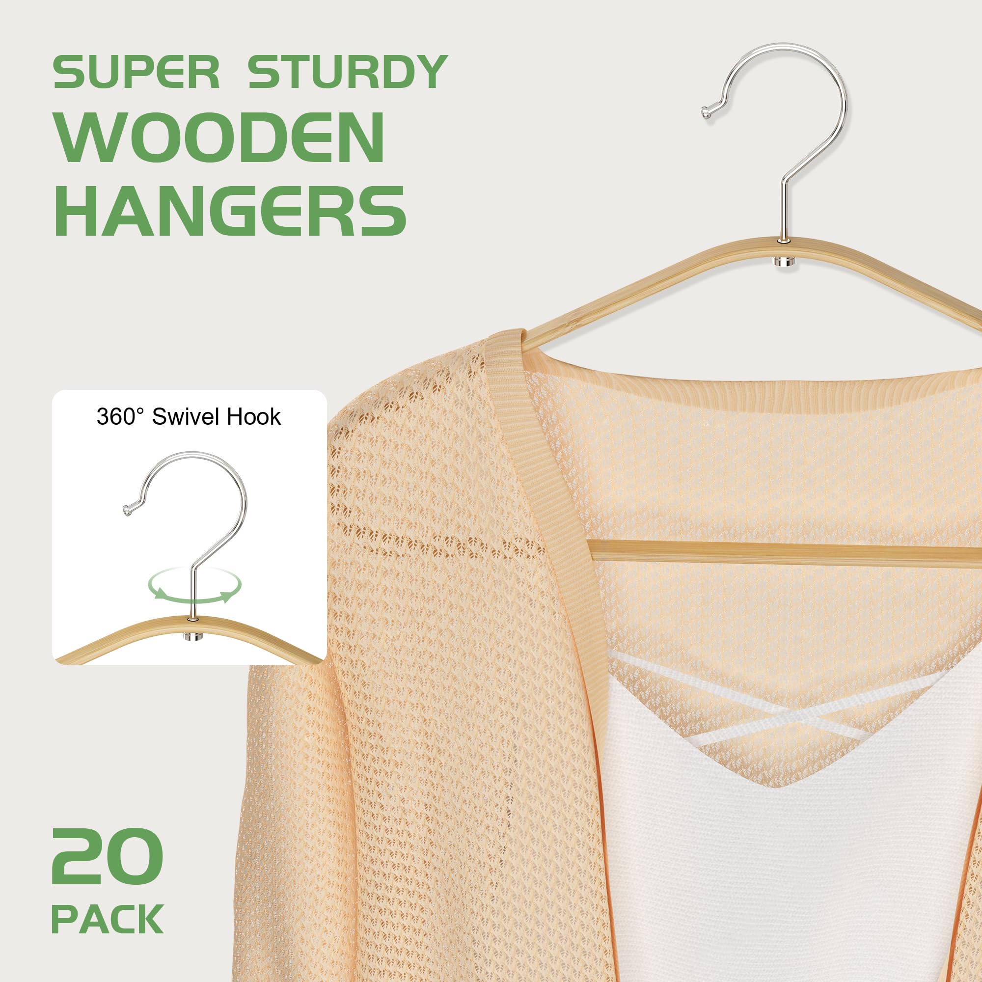 APRTAT Bamboo Hangers 20 Pack - Durable & Slim Coat Hanger - Suit Hangers with 360-Degree Rotatable Hook, Suit Hangers for Clothes, Jacket, Shirt, Tank Top, Pant (Natural-1, 20)
