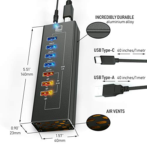 LATORICE Powered USB Hub - Multi-Port USB Hub with 7 USB 3.0 Ports, 3 Fast Charging USB 3 0 Ports, with Cords C and A, Power USB HUB Adapter