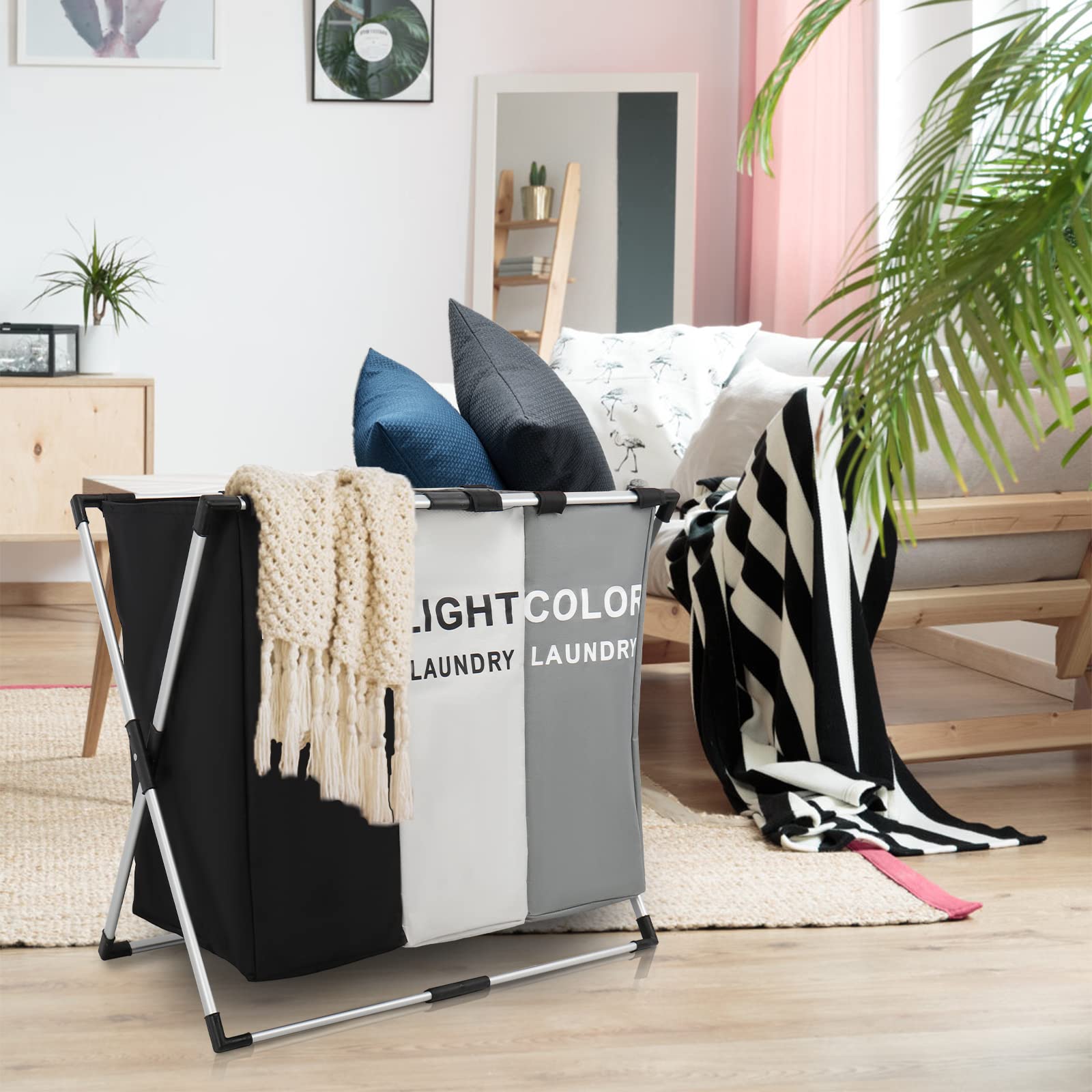 Laundry Basket Hamper 3 Section Dirty Clothes Hamper with Mesh Cover Foldable Aluminum Frame Laundry Sorter Organizer for Bathroom Bedroom Nursery (White+Grey+Black)
