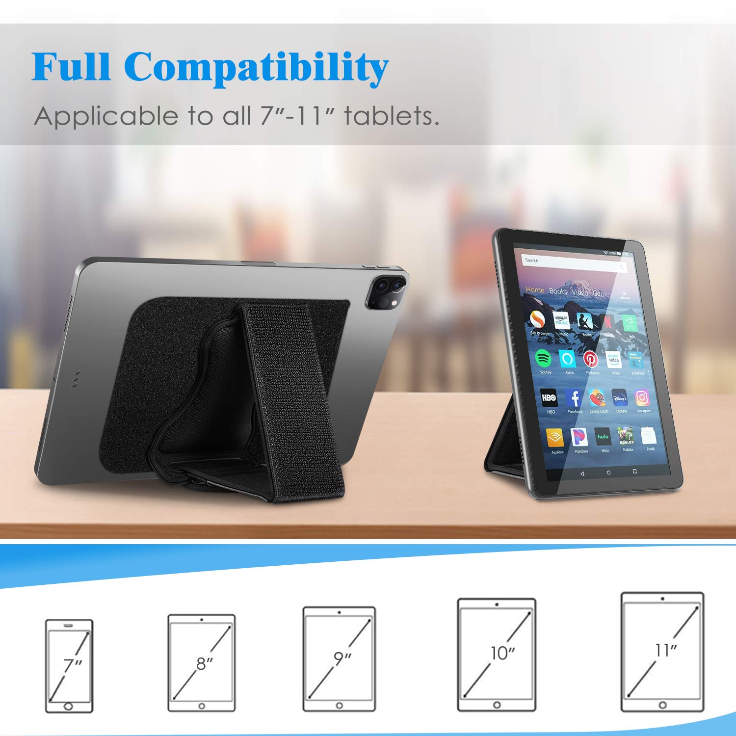 FINTIE Universal Tablet Hand Strap Holder - [Dual Stand Supports] Detachable Padded Hook & Loop Fastening Handle Grip with Adhesive Patch for iPad/Galaxy Tab and All 7-11" Tablets, Black