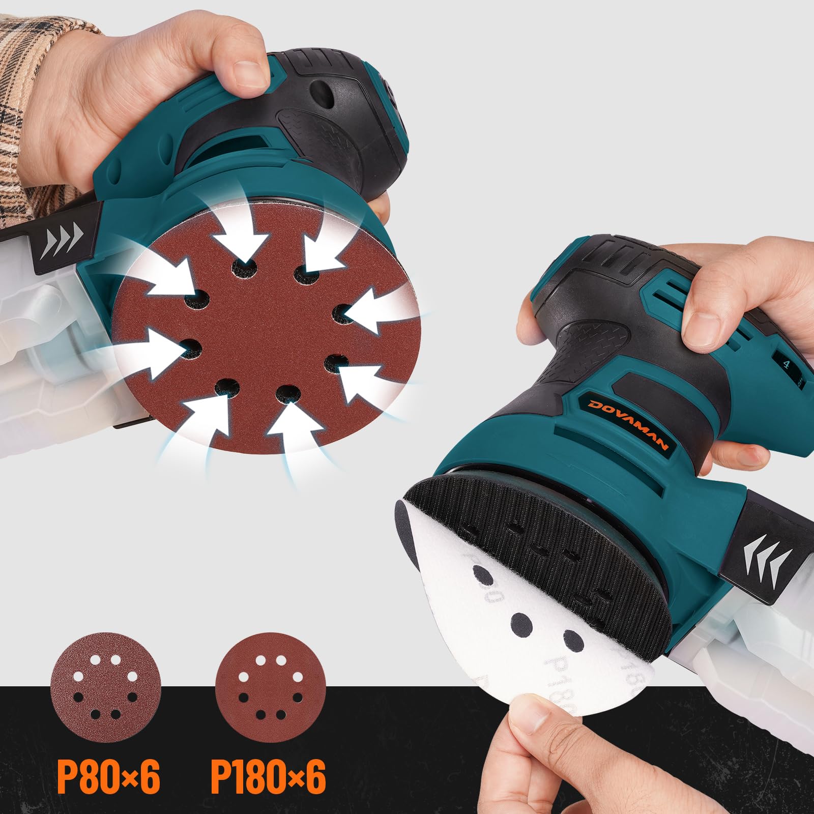 DOVAMAN ROS01A Orbital Sander, 3A Random Orbit Sander, 6 Variable Speeds, Up to 13000 rpm, 12pcs Sandpapers, 5in Sanding Pad, Dust Collection, Electric Sander Perfect for Woodworking