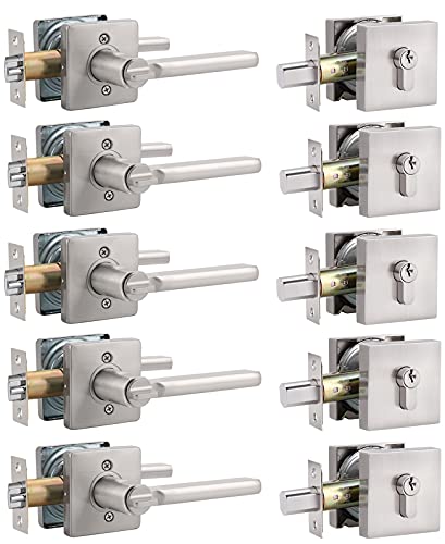Brotima 5 Pack Square Heavy Duty Keyed Alike Front Door Entry Lever Lockset and Double Cylinder Deadbolt Combination Set with Same Key, Satin Nickel Finish, Reversible for Right/Left Hand