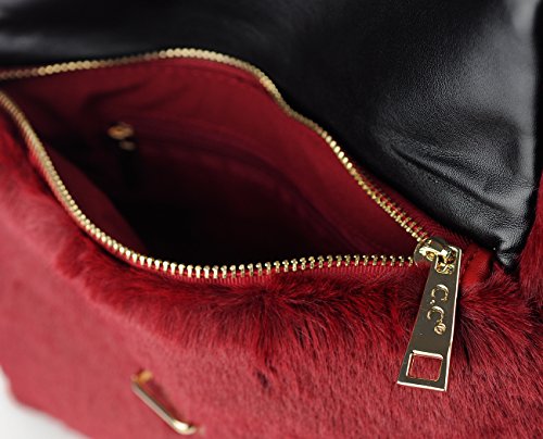 C.C Women's Evening Faux Fur Fuzzy Crossbody Shoulder Bag Envelope Clutch Purse, Burgundy