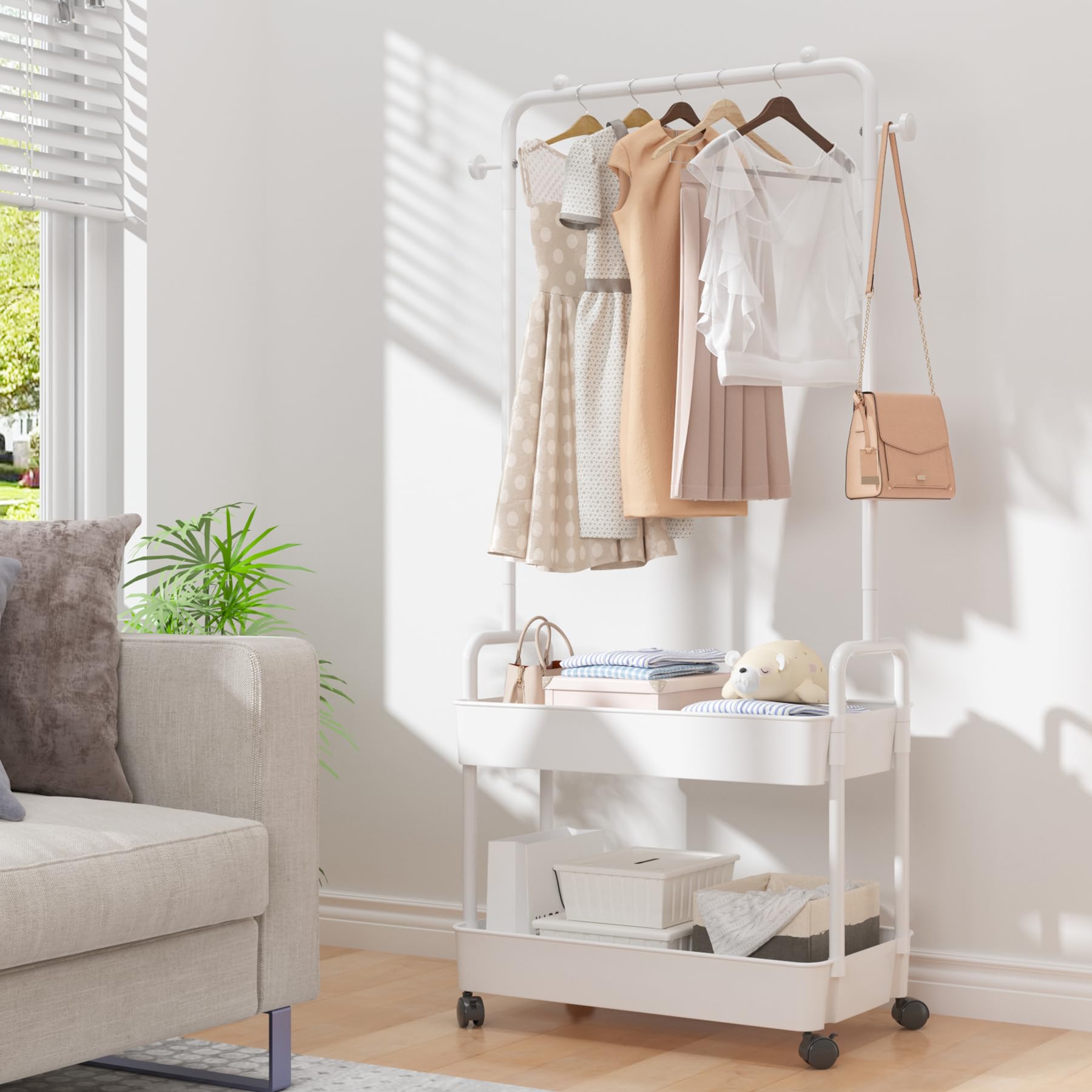 ACCSTORE Metal Clothing Racks, Freestanding Trolley Coat Rack With Wheels,Garment Rack For Storage,Clothes Rack,Heavy Duty Clothing Rack,Garment Racks With 2 Tier Plastics Storage Shelf,White