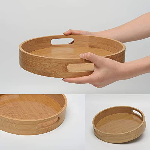 Bamboo Wood Round Tray w/Handles, Tea & Coffee Table Decorative Serving Tray Food Storage Platters for Serving Beverages & Food on Bar Living Room Home Dining Table (C - 35 cm/ 13.78 inch)