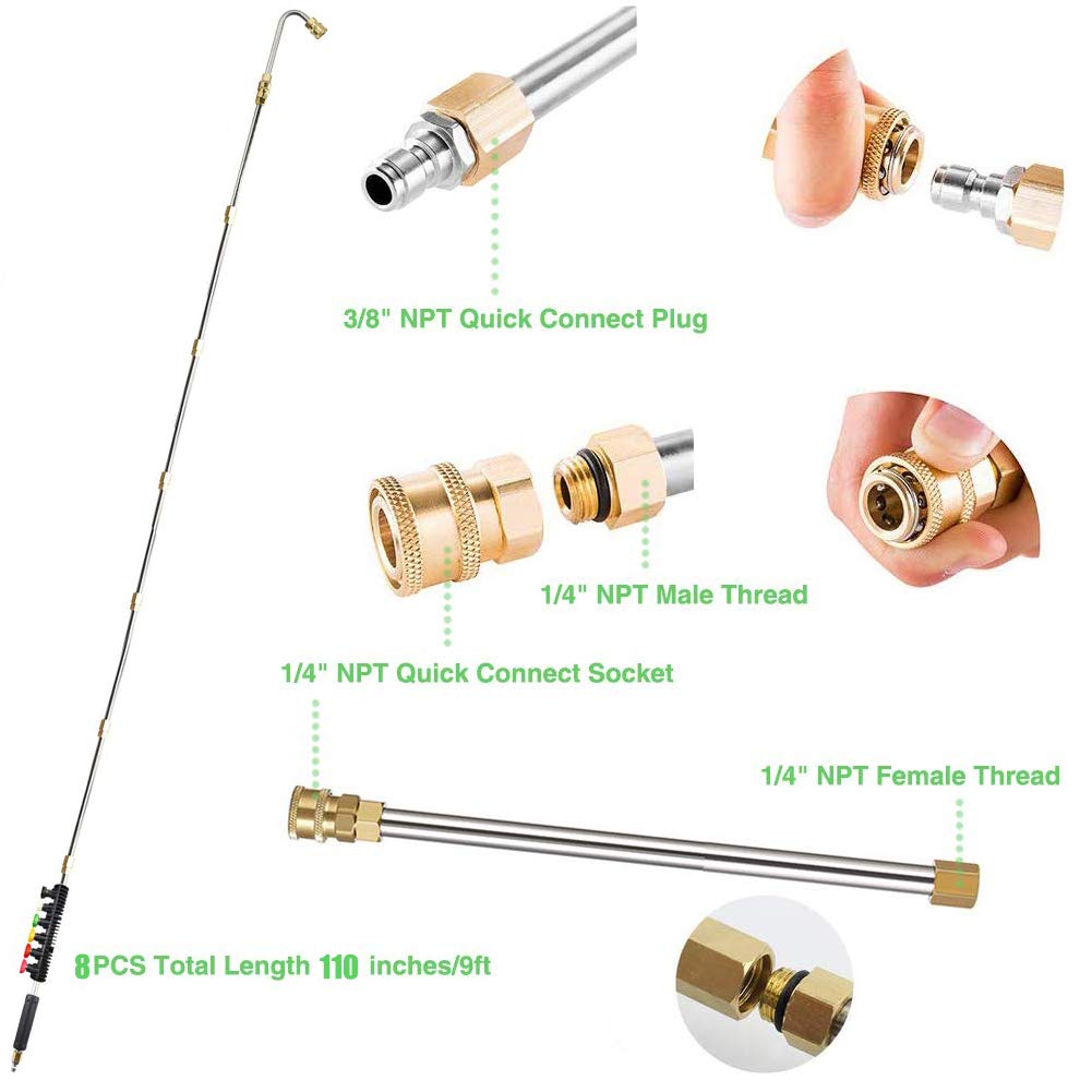 AgiiMan Brass Pressure Washer Extension Wands - 120 Inch Power Washer Gutter Cleaning Tools, Telescoping Replacement Lance, Window Cleaner Nozzles Tips, Sliver