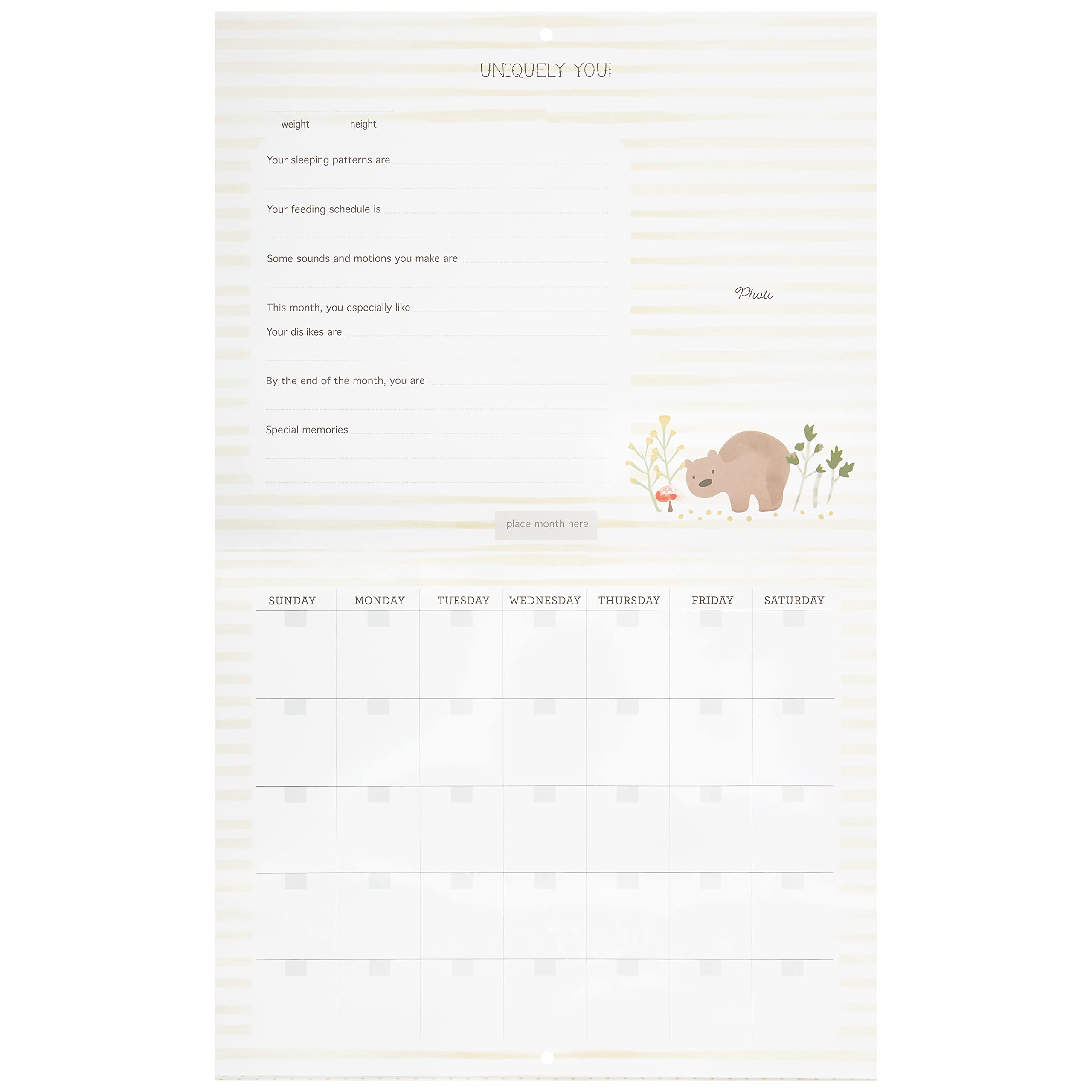 C.R. Gibson BA3-24546 Little One Woodland Gender Neutral Baby's First Year Keepsake Calendar, 11" W x 18" H Open, Multicolor