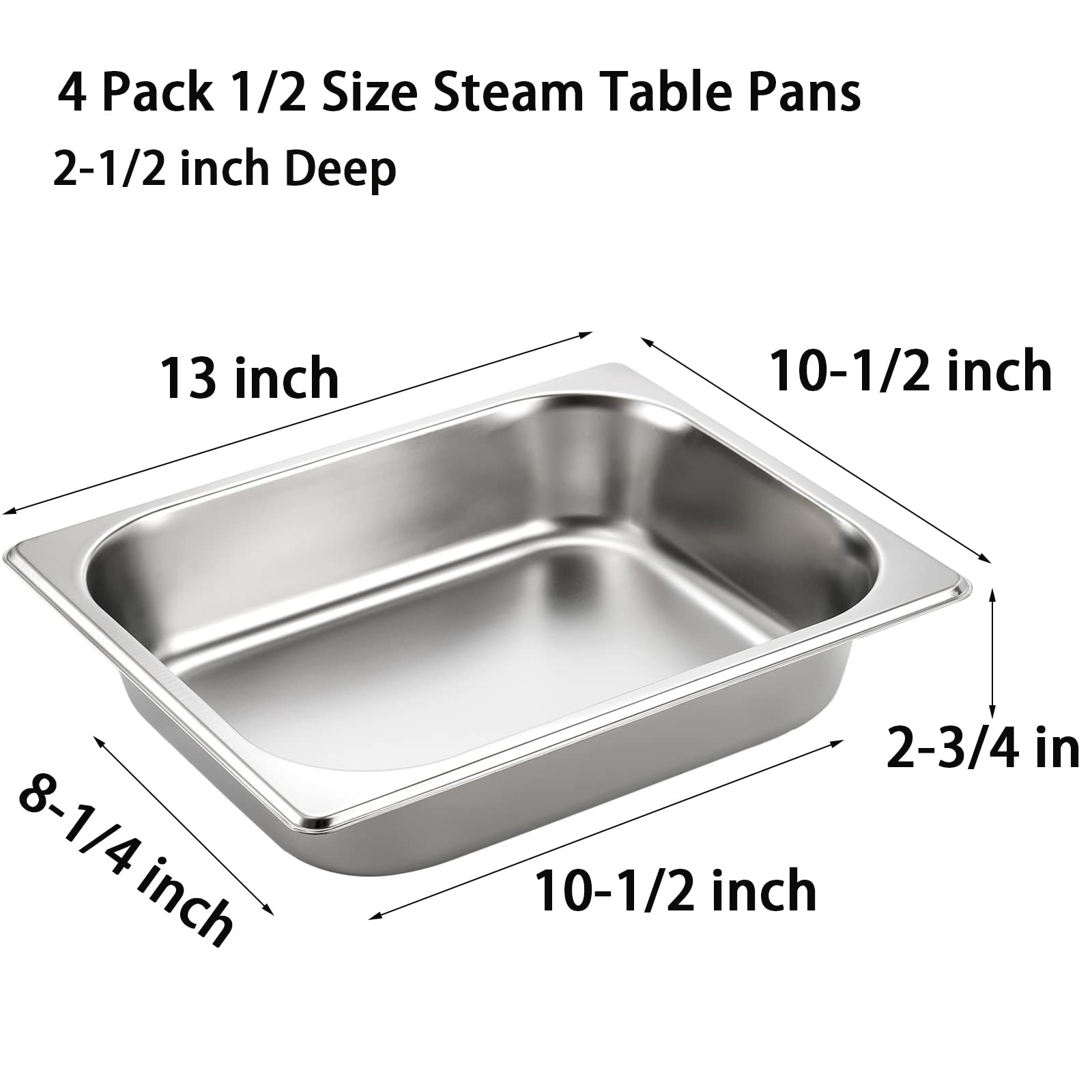 TOPZEA 4 Pack Hotel Pans Half Size, 2.5" Deep 1/2 Size Stainless Steel Steam Table Pan Buffet Catering Food Pan, Warmer Breading Tray Batter Pans for Hotel, Party Catering Supplies