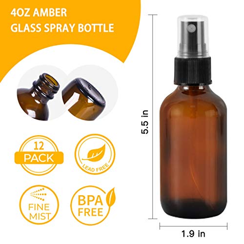 STARSIDE 12 Pack (120 ml) 4oz Amber Glass Spray Bottles with Fine Mist Sprayer & Dust Cap for Essential Oils, Perfumes,Cleaning Products.Included 1 Brush,2 Funnels,2 Droppers & 18 Labels.