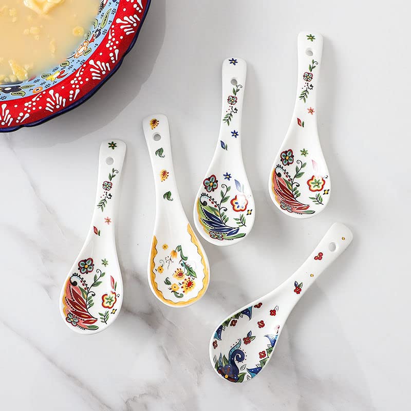 HonHeam Ceramic Soup Spoons Set, Bohemian Porcelain Rice Spoons, Colorful Glaze Flower Pattern Tableware Spoons Set of 4