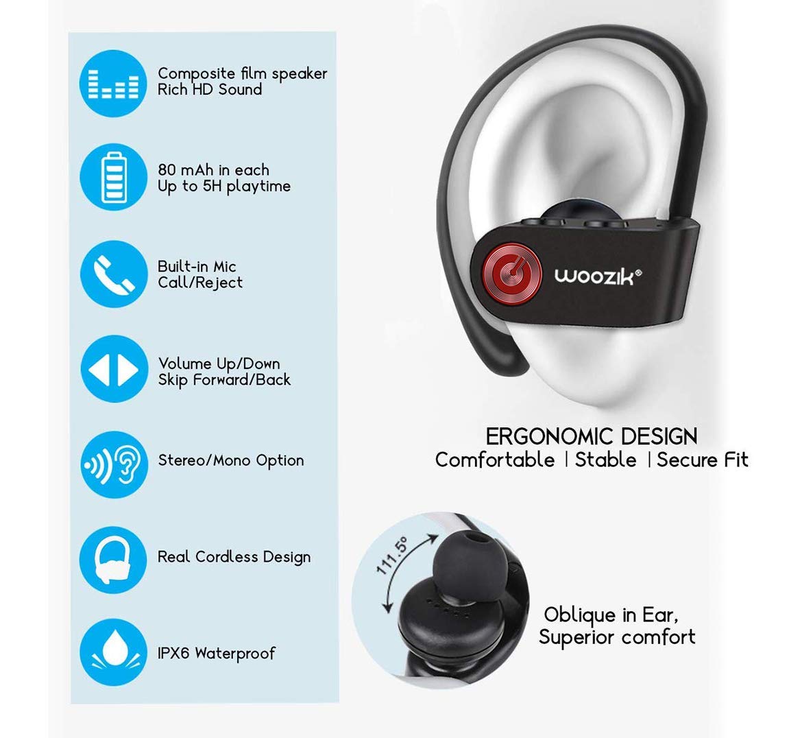 True Wireless Earbuds, Woozik Relay Wireless Headphones, Waterproof Sport TWS Headset, Stereo Earphones with Microphone, Long Playtime for Gym Running and Workouts for iOS Android