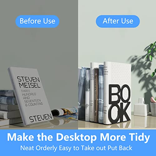 Book Ends - Decorative Metal Book Ends Supports for Bookrack Desk (Black Book Ends 4 Pack)