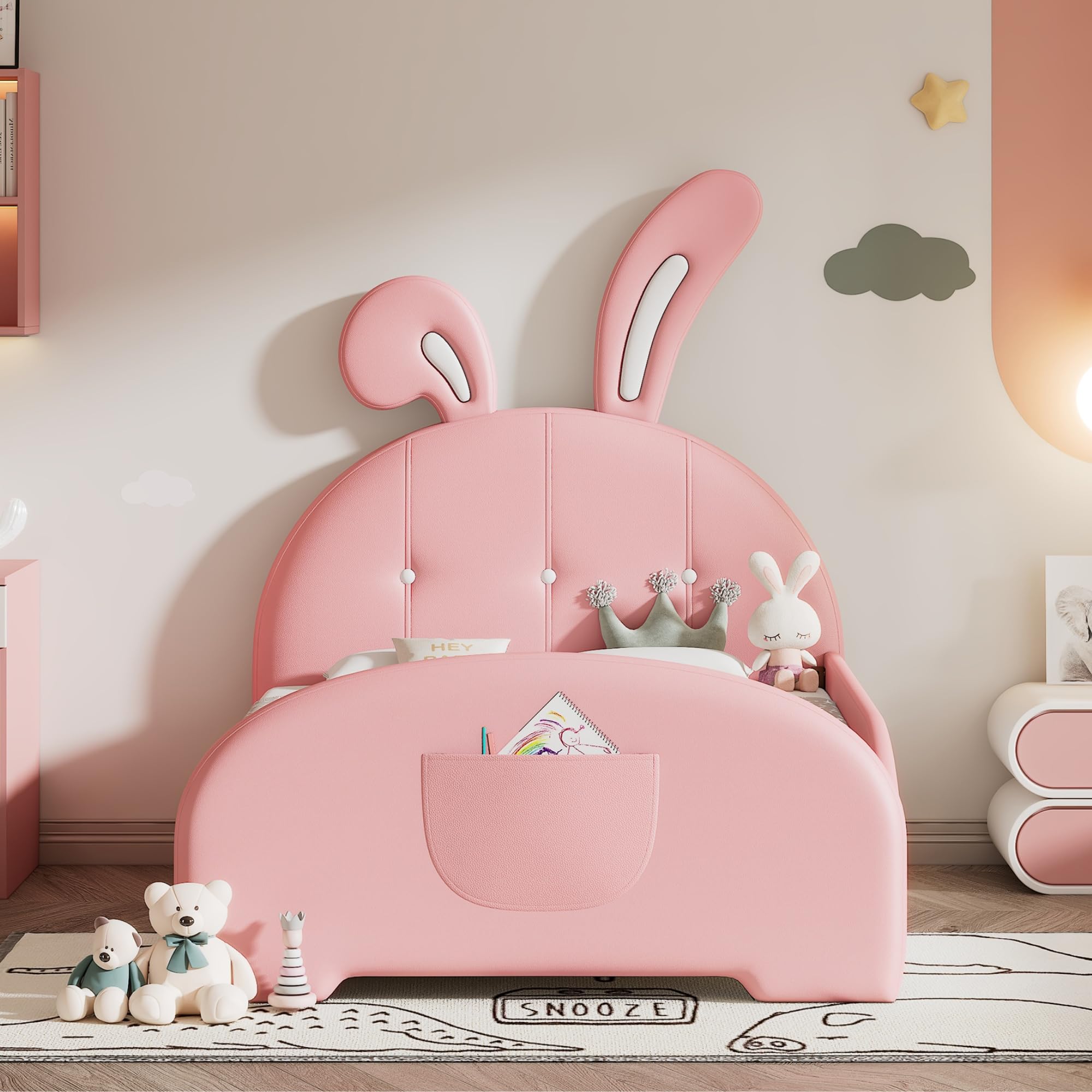 Bellemave Twin Size Upholstered Platform Bed with Bunny-Shaped Headboard, Pink Princess Bed for Girls, Low Daybed Frame with Side Rail for Kids Teens, Faux Leather
