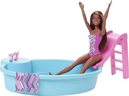Barbie Doll and Pool Playset with Pink Slide, Beverage Accessories and Towel, Brunette Doll in Floral Swimsuit